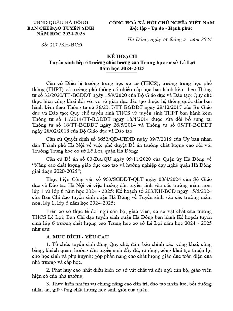 KH Tuyen Sinh Lop 6 Thcs Le Loi - 2024 2025.signed | PDF