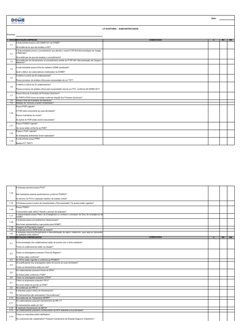 FO - DZ.QSMS-001.10 - Check List para Auditoria Anual Do Fornecedor | PDF