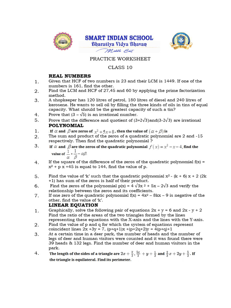 Class 10 Math Practice Worksheet | PDF | Polynomial | Line (Geometry)