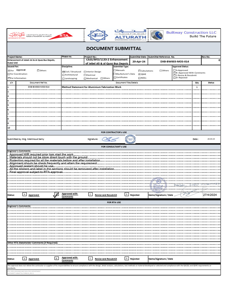 Aluminium Fabrication Method Statement | PDF | Waste Management | Waste