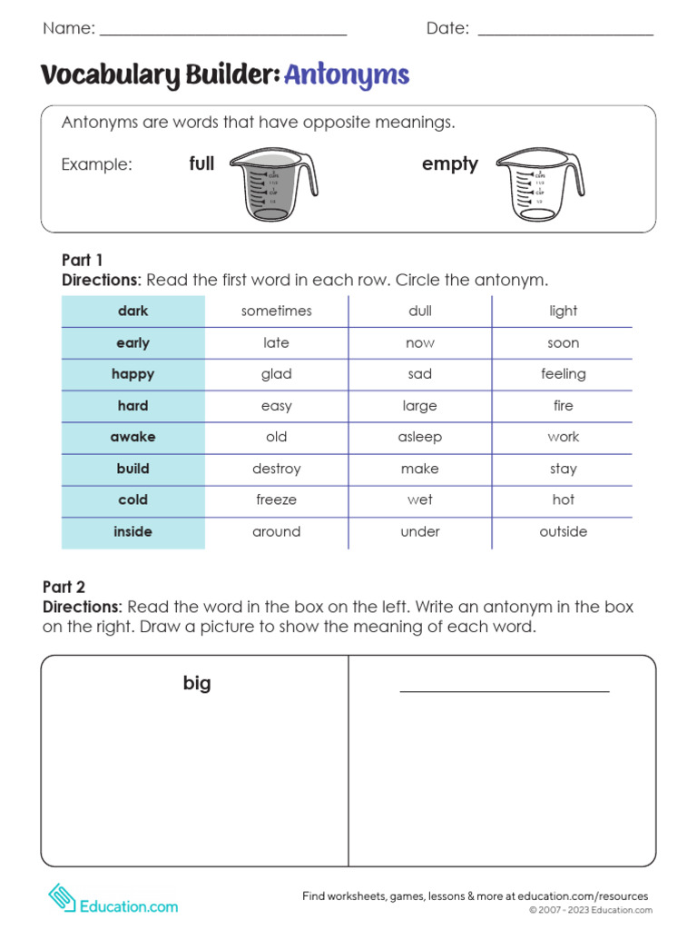Antonym Worksheet | PDF