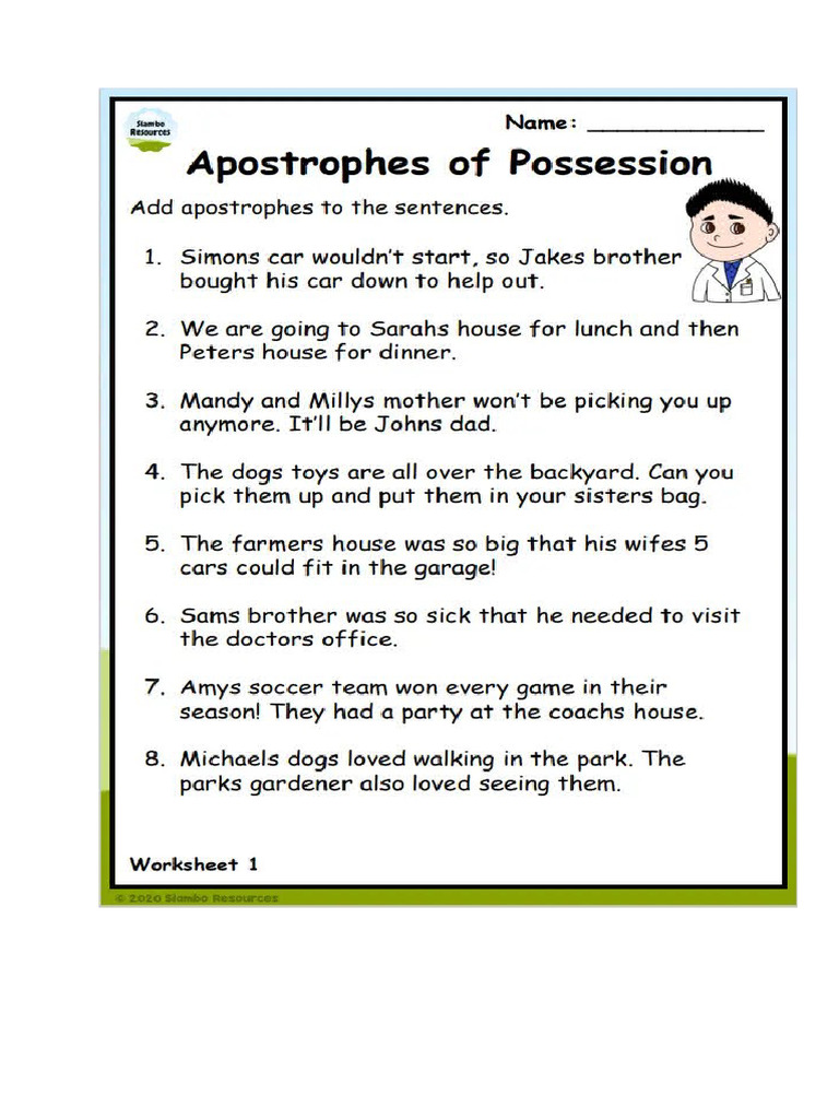 Apostrophe - Ownership Worksheet | PDF