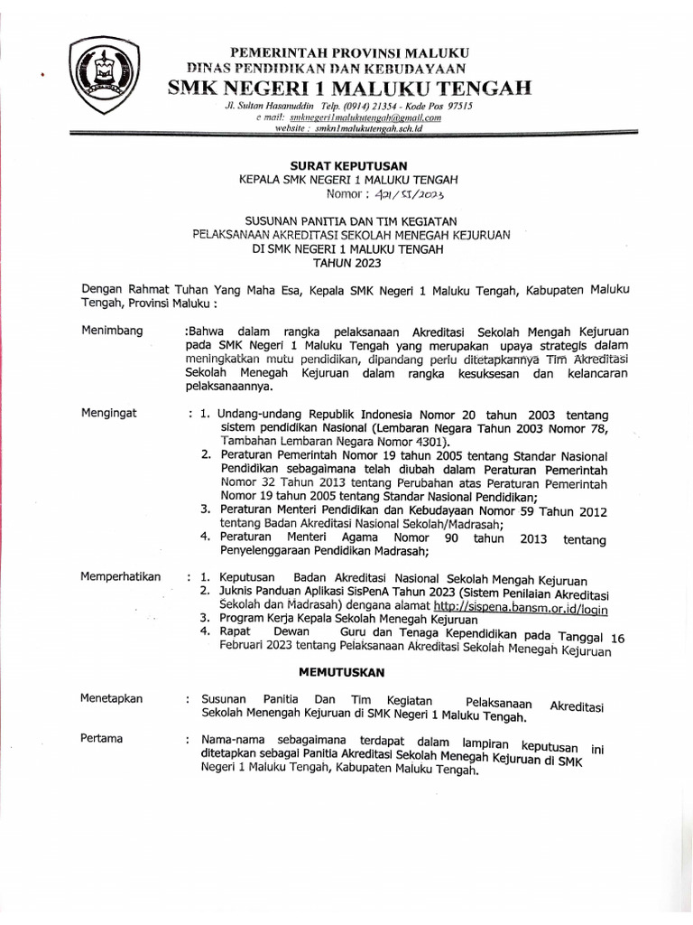 SK Panitia Dan Tim Akreditasi Sekolah 2023 | PDF