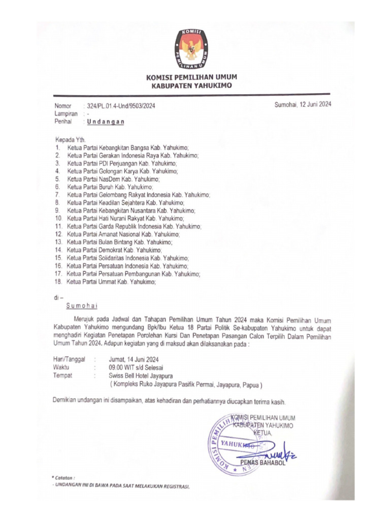 Undangan Untuk 18 Partai Politik Tanggal 14 Juni 2024 | PDF