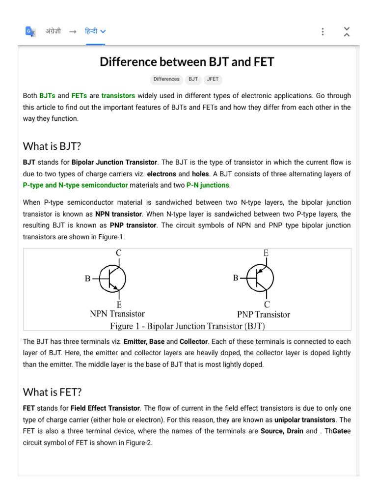 Difference Between BJT and FET | PDF | Bipolar Junction Transistor | Field Effect Transistor