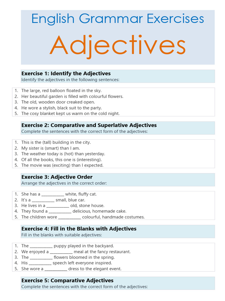 Grammar Exercises Adjectives | PDF