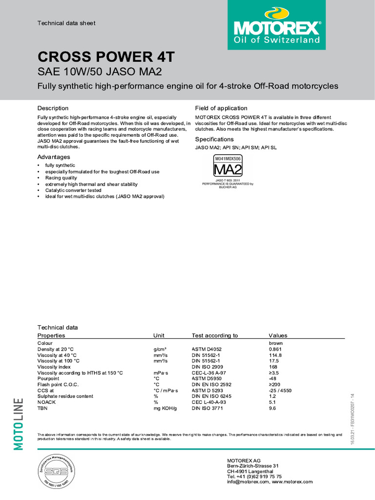 Cross Power 4T Sae 10W - 50 Jaso Ma2 - en | PDF | Motor Oil | Materials