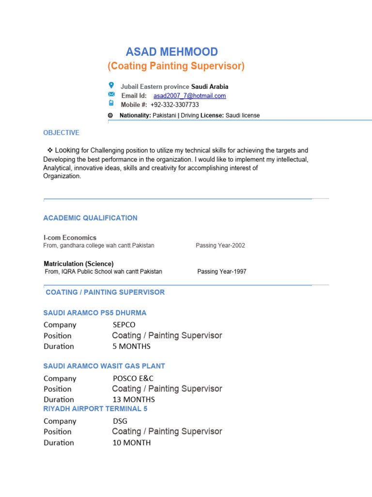 Asad Painting Supervisor | Download Free PDF | Paint | Pakistan