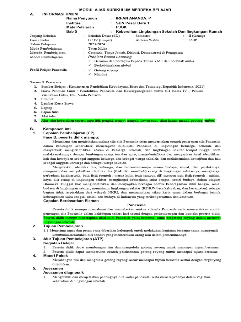 Modul Ajar PKN (Kebersihan Sanitasi Dan Drainase) . | PDF | Kesehatan ...