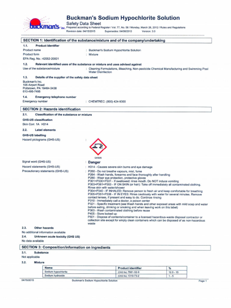 Buckman's Sodium Hypo SDS | PDF