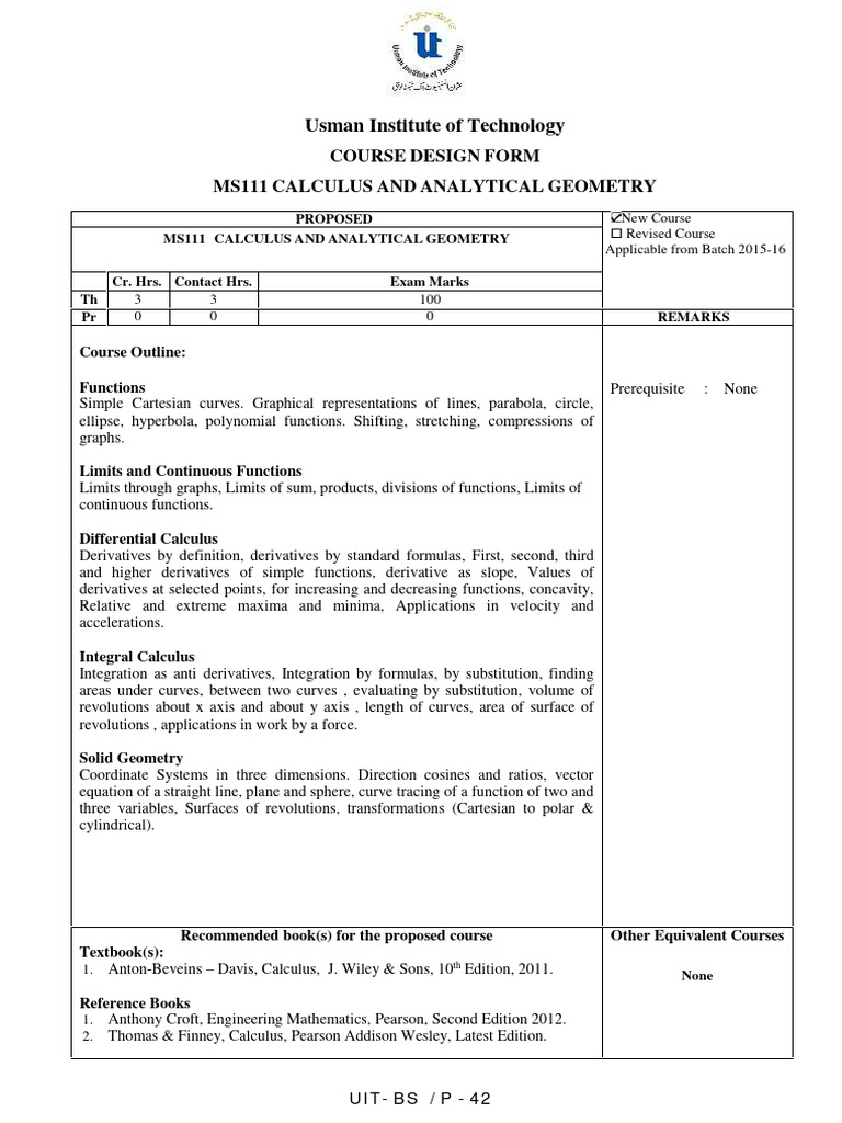 MS111 Calculus Course Design Document | PDF | Derivative | Integral
