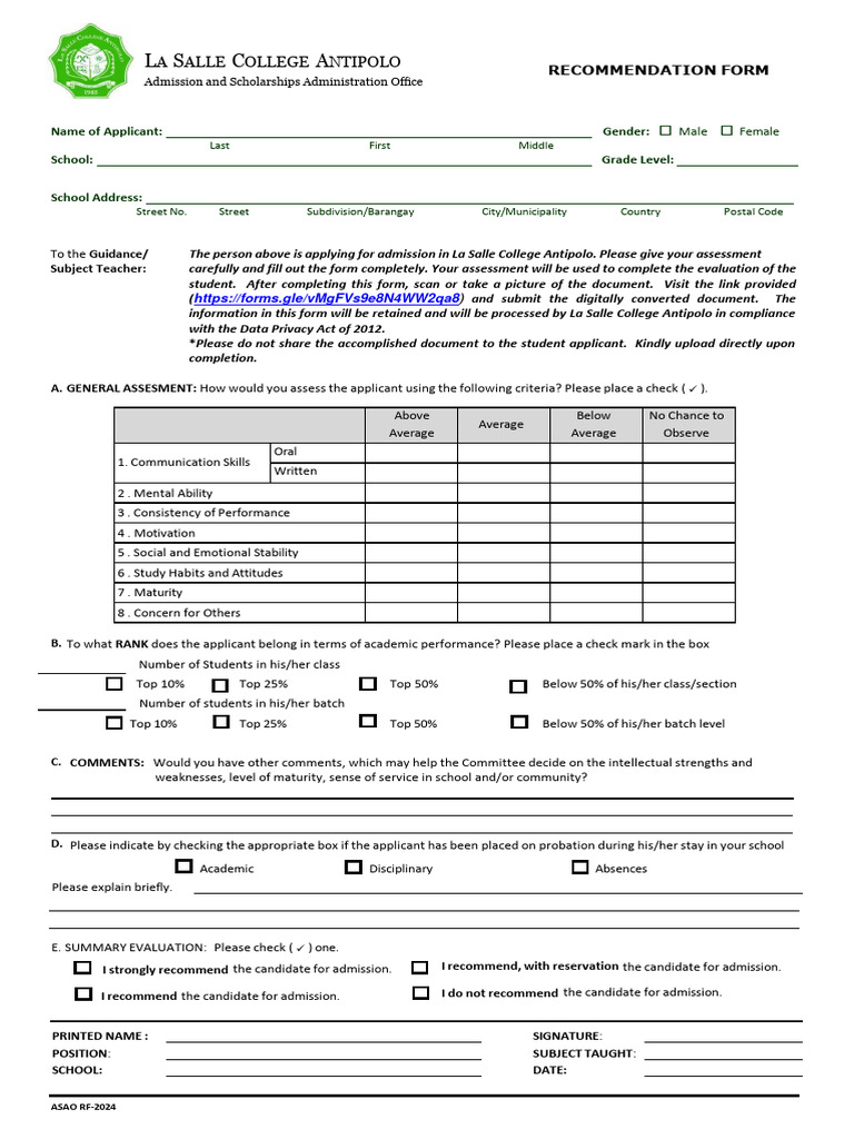 Recommendation Form 2024 | PDF | Educational Assessment | Psychology