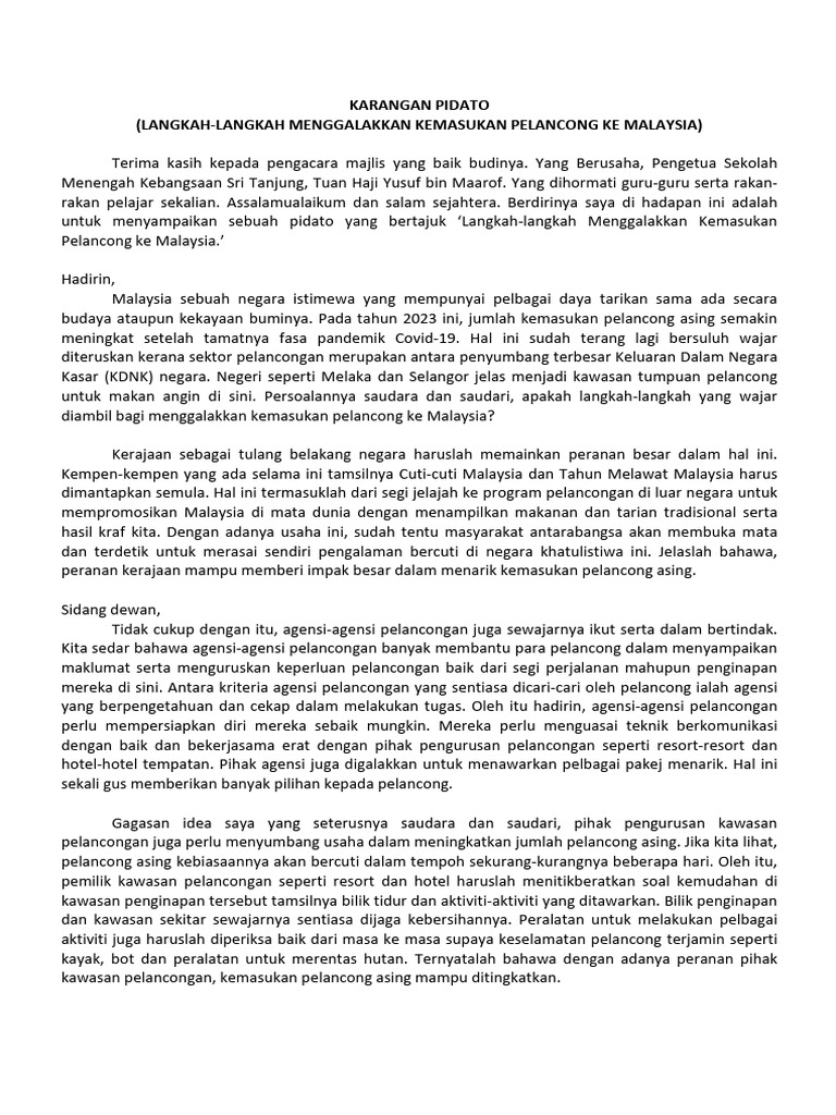 KARANGAN PIDATO (Pelancongan) - Zack Kirana | PDF | Bisnis