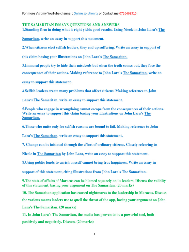 The Samaritan 20 Essays Questions | PDF | Corruption | Prosecutor