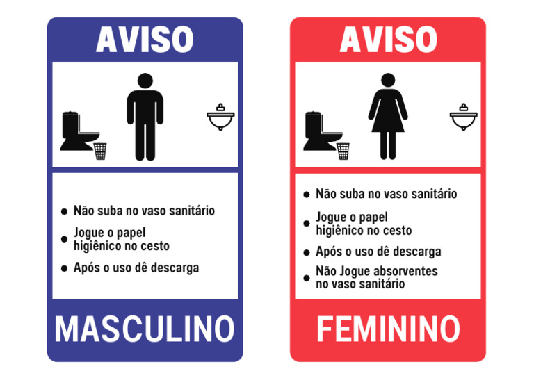Placa de Aviso Banheiro Masculino e Feminino Documento A4 Rosa Preto e Azul | PDF
