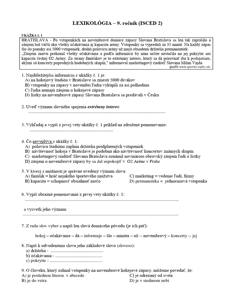 Písomná Previerka - Lexikológia - 9. Ročník | PDF