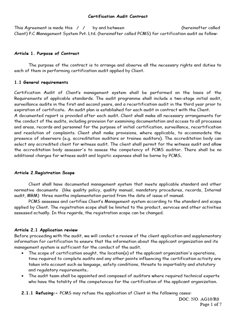 Certification Audit Contract PCMS | PDF | Audit | Certification