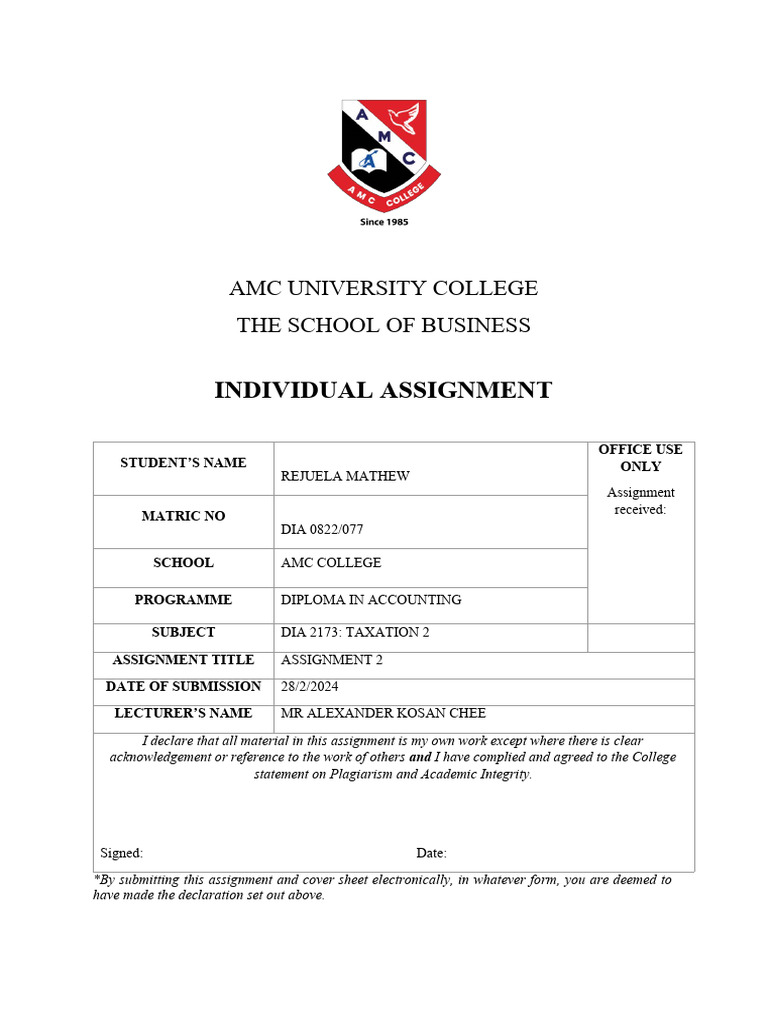 Individual Assignment 2 TAXATION 2 (Cover Page) | PDF