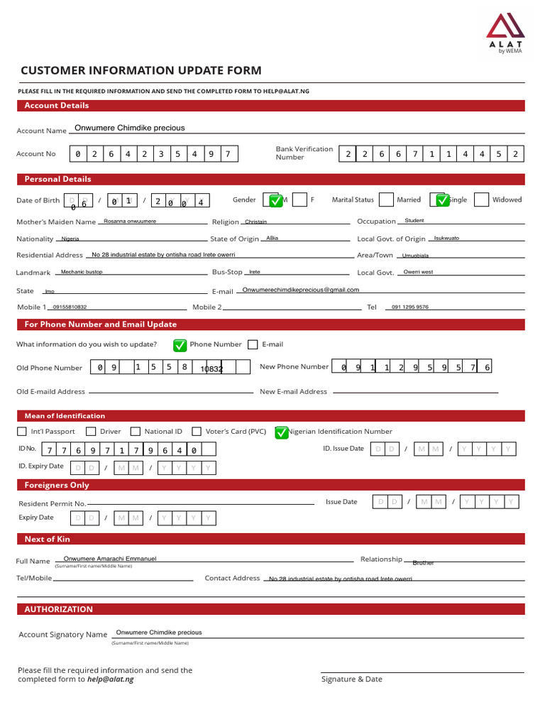 ALAT Account Customer Update Form | PDF | Identity Document | Authentication