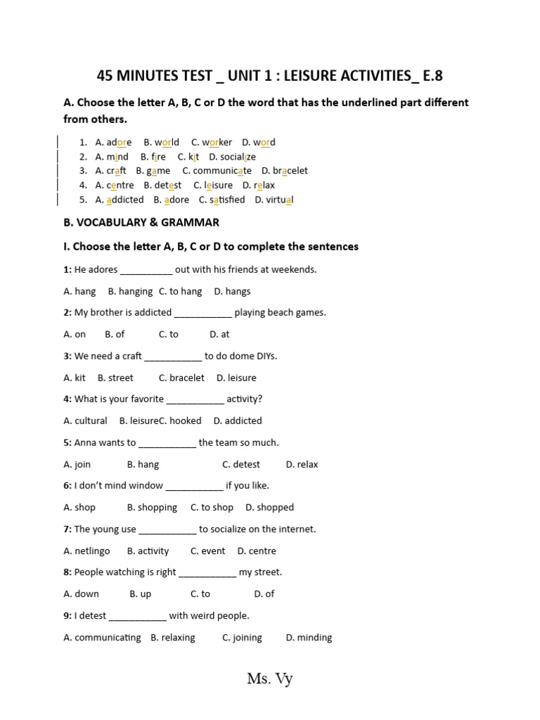 45 Minutes Test - Unit 1 - E.8 | PDF | Leisure