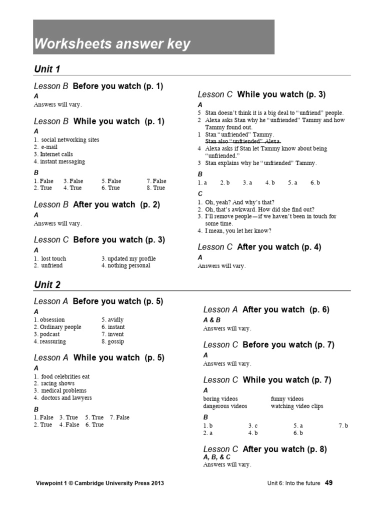 Viewpoint Level1 High Intermediate Answer Key Units1to12 Video Activity Worksheets | PDF