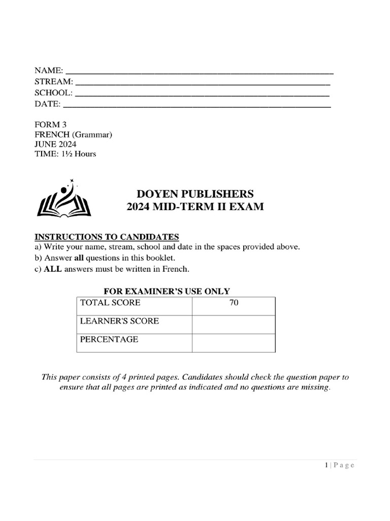 French Form 3 - Mid Term II 2024 Exam | PDF French Form 3 - Mid Term II 2024 Exam | PDF