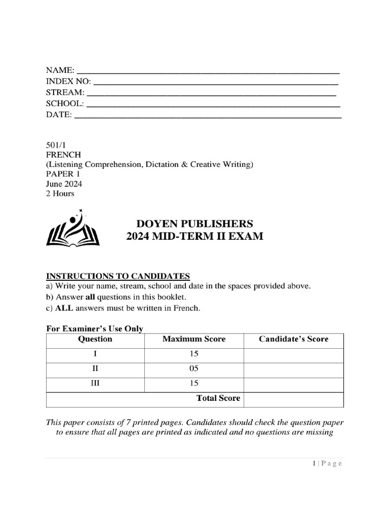 French Form 4 Pp1 - Mid Term II 2024 Exam | PDF