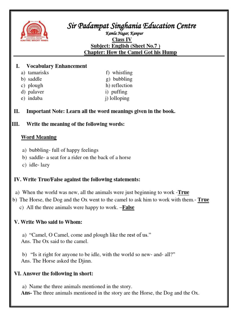 How the Camel Got His Hump: Summary & Questions | PDF | Language Arts ...