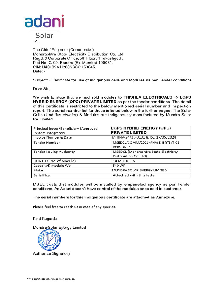 Lgps Hybrid Energy (Opc) Private Limited - Mhinv-2425-0131 | PDF ...