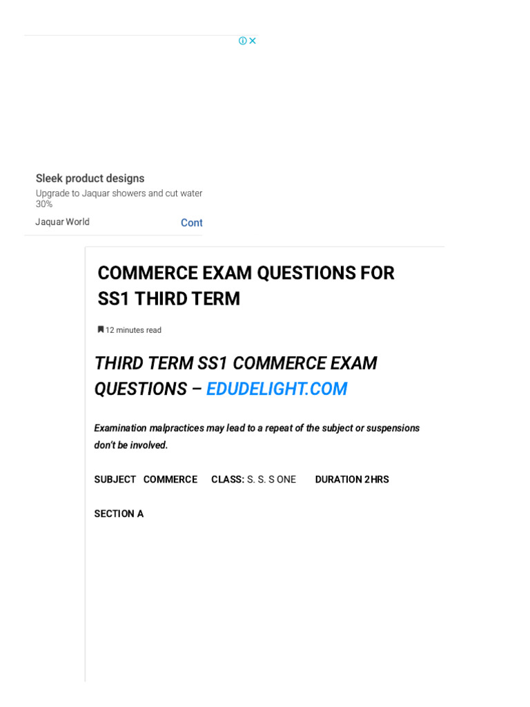SS1 Third Term Commerce Exam Questions | PDF | Commerce | Retail