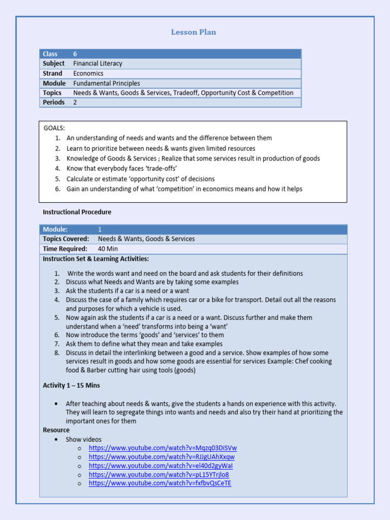 Financial Literacy Lesson Plan for Grade 6 | PDF | Trade Off ...