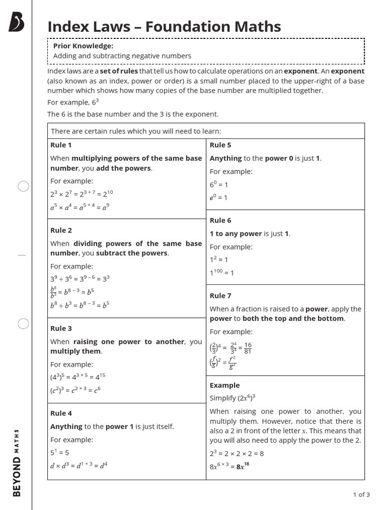 Index Laws - Foundation Maths | PDF | Multiplication | Mathematical Notation