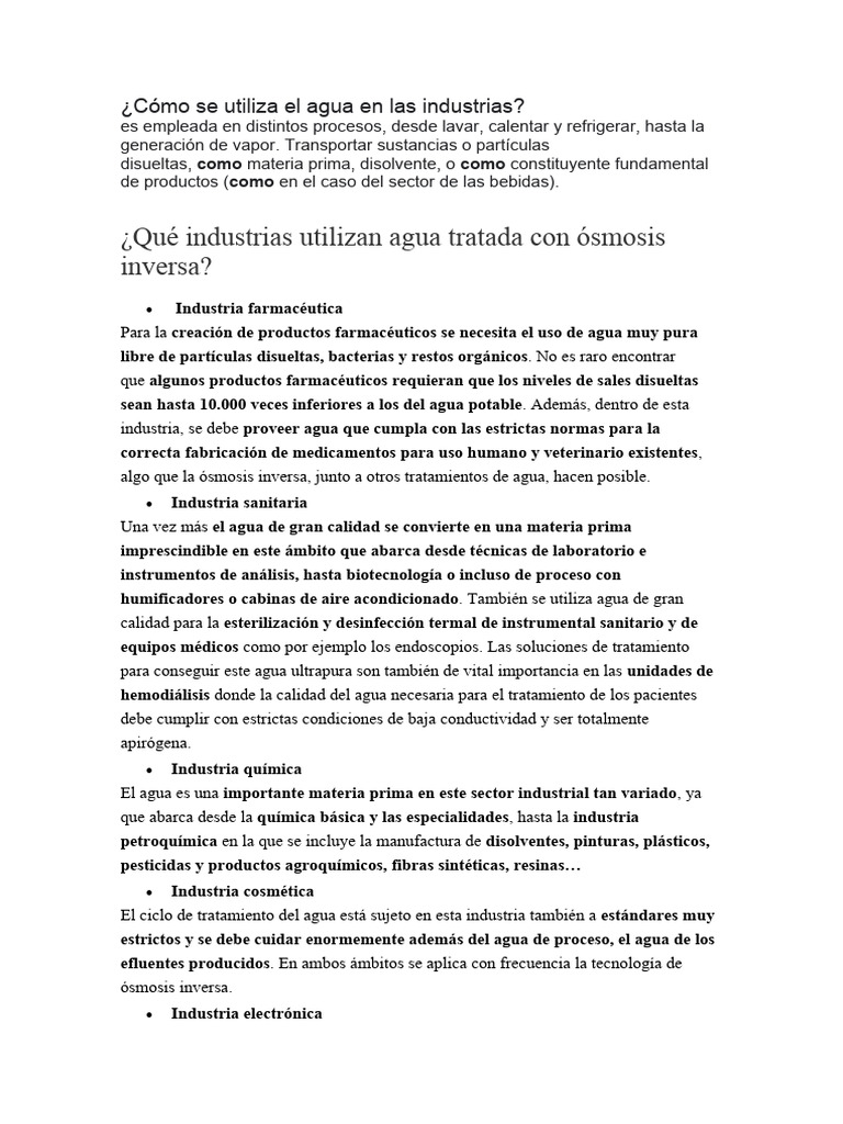 Cómo Se Utiliza El Agua en Las Industrias | PDF | Agua | Ósmosis