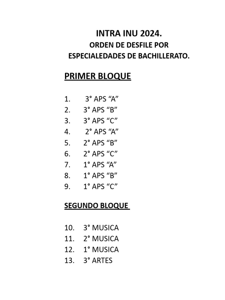 Orden de desfile INTRAINUS 2024 | PDF