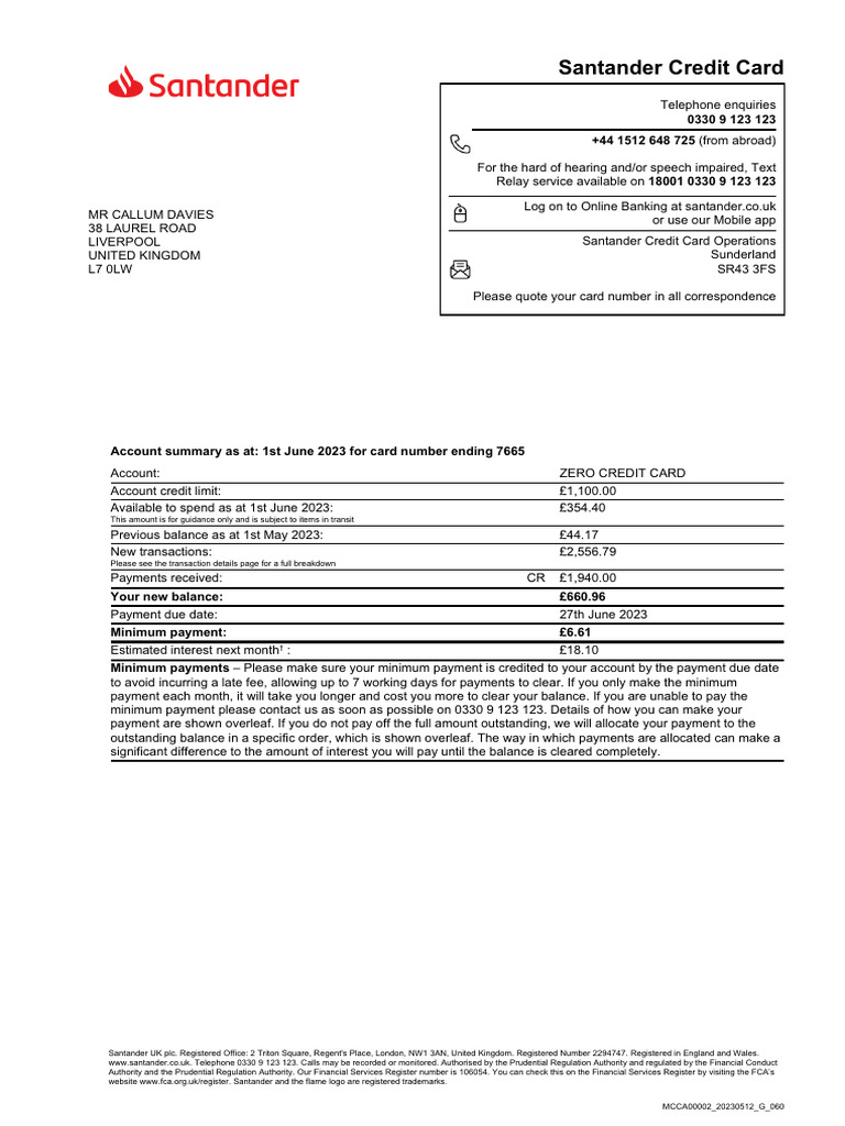 Santander Credit Card Statement Summary | PDF | Credit Card | Banks