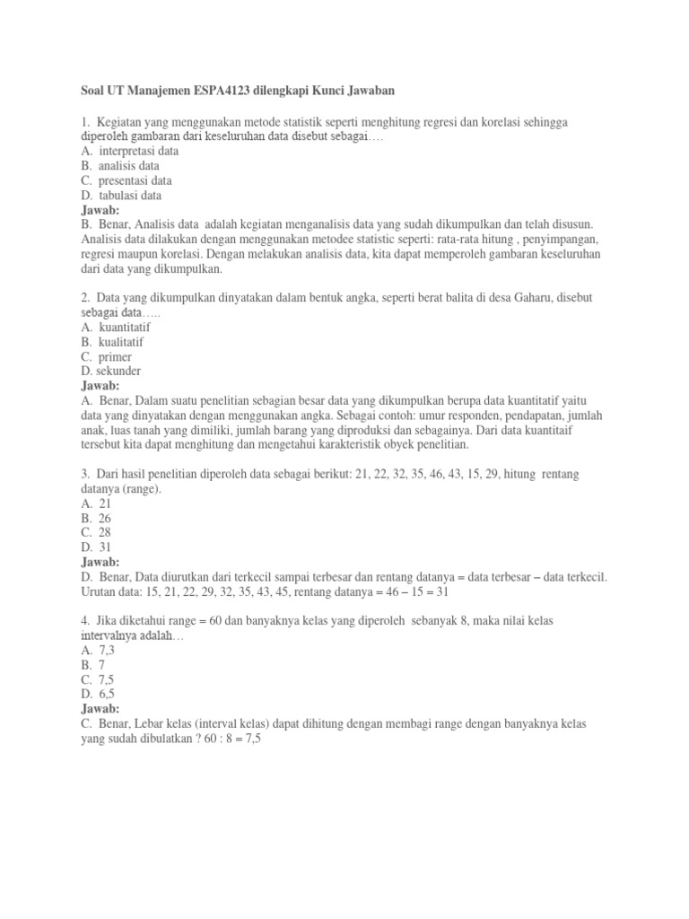 Kisi-Kisi Soal Statistika Ekonomi ESPA4123 | PDF | Metode & Bahan Ajar