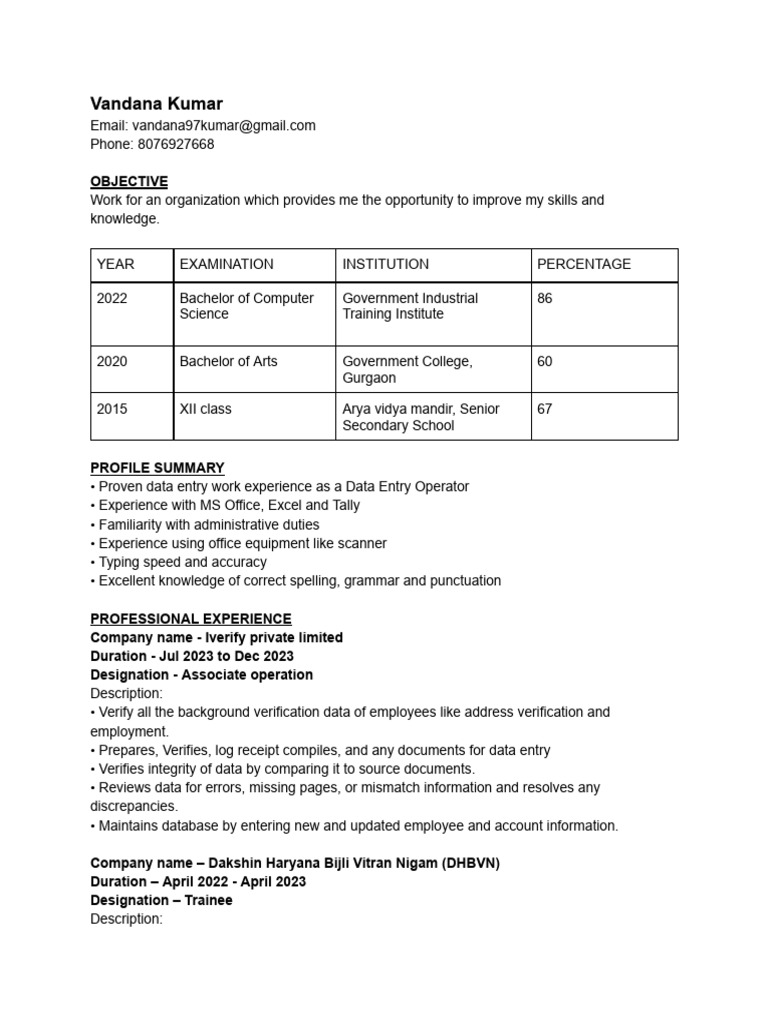 Vandana_kumar_resume | PDF | Data | Information Science