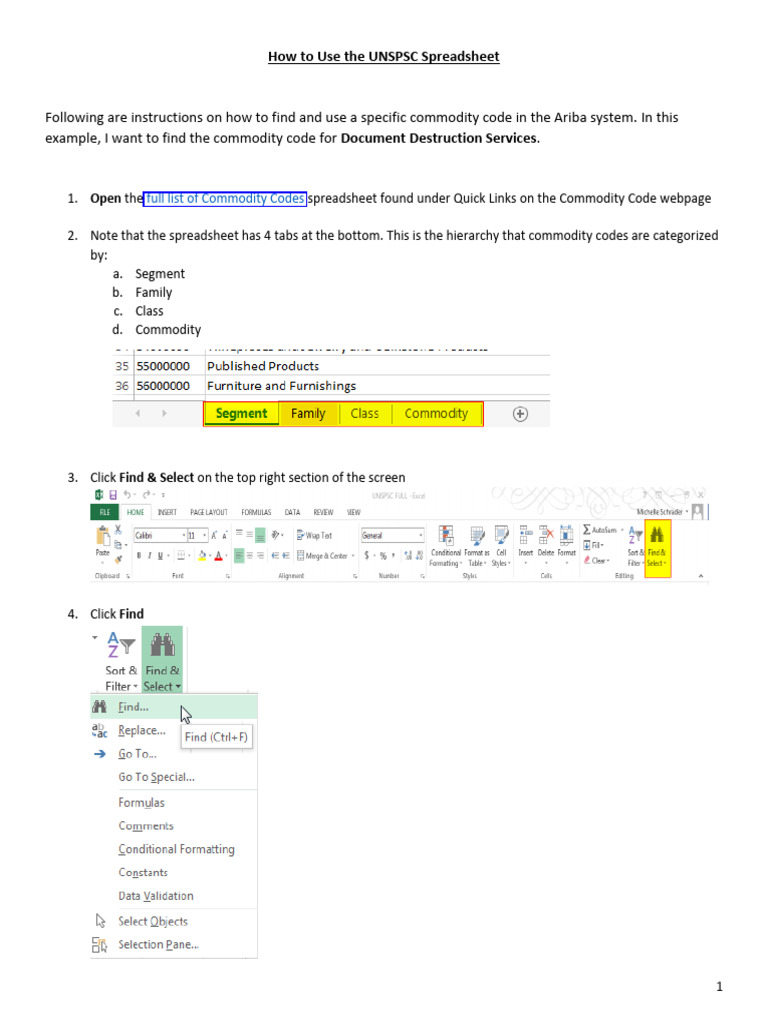 How To Use The UNSPSC Spreadsheet | PDF | Spreadsheet | Microsoft Excel