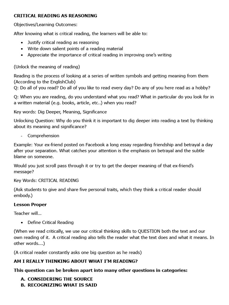 Critical Reading As Reasoning | PDF | Critical Thinking | Reason