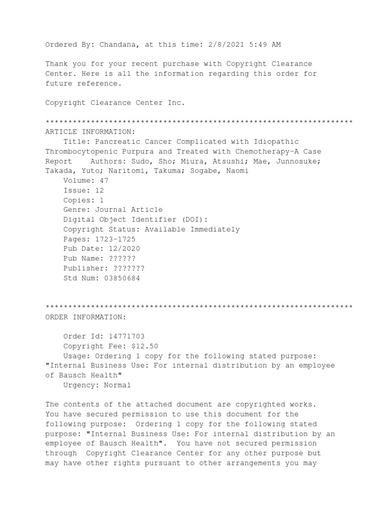 Pancreatic Cancer Complicated With Idiopathic Thrombocytopenic Purpura ...