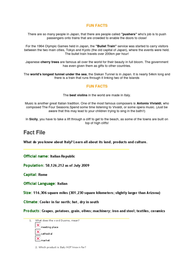 Fact File: Fun Facts | PDF | Italy | Japan