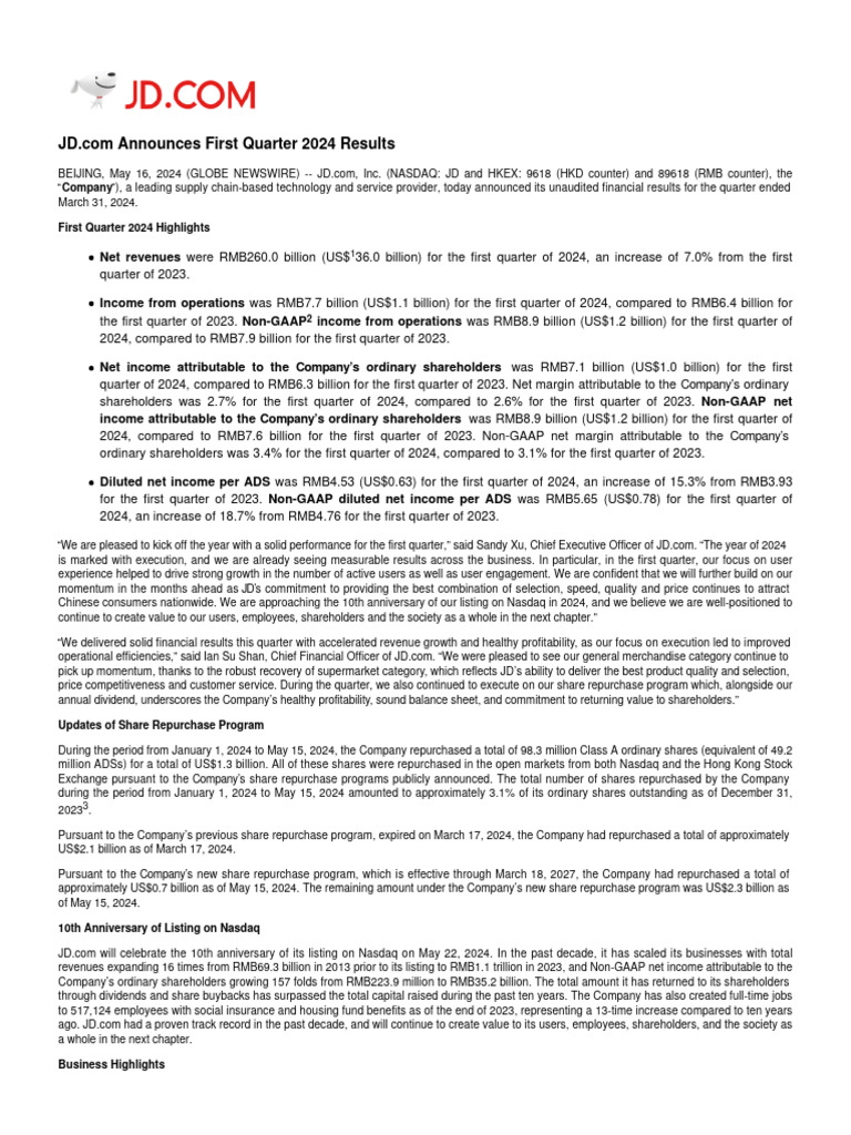 JD.com Announces First Quarter 2024 Results | Download Free PDF | Share Repurchase | Equity ...