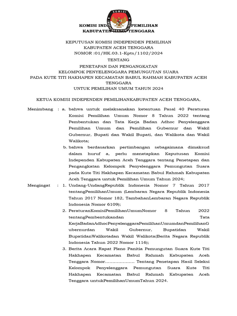 Contoh Form SK Penetapan KPPS | PDF