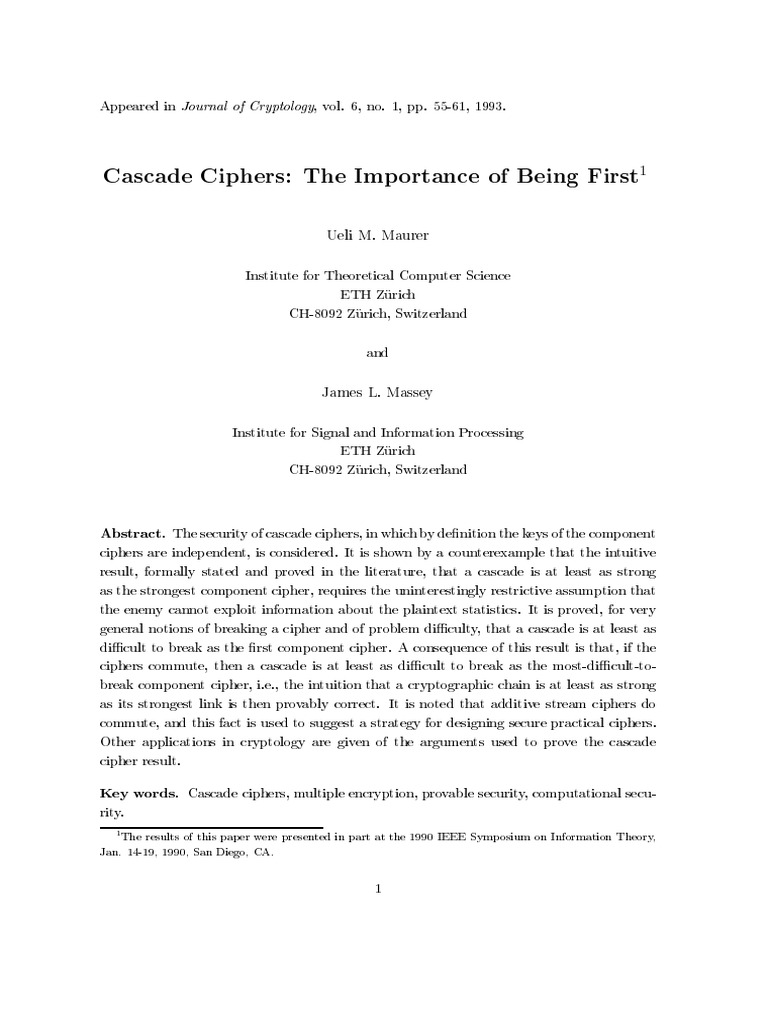 Cascade Ciphers The Importance of Being First | PDF | Cryptography | Cipher Cascade Ciphers The Importance of Being First | PDF | Cryptography | Cipher