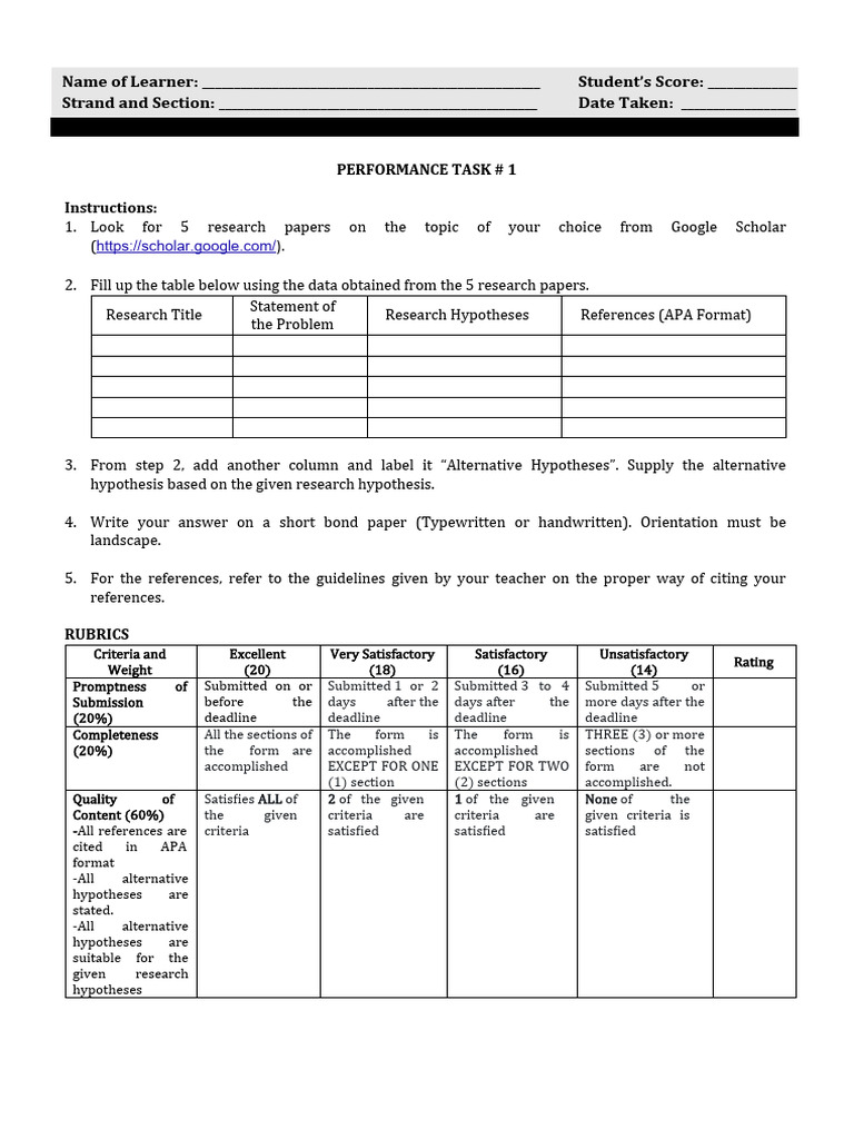 Performance Task 1 | PDF | Hypothesis | Cognition