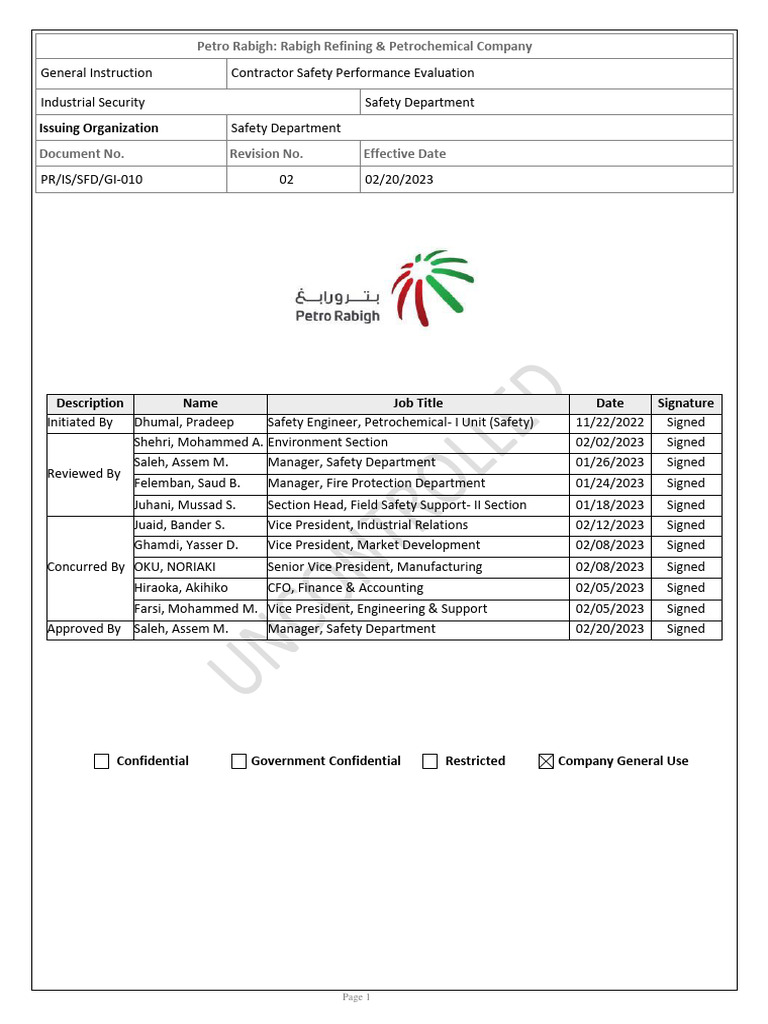 Contractor Safety Performance Evaluation Document No. PR-IS-SFD-GI-010 ... Contractor Safety Performance Evaluation Document No. PR-IS-SFD-GI-010 ...