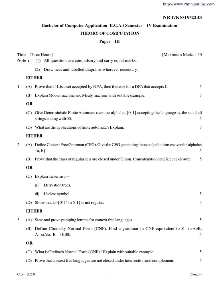 Bca 4 Sem Theory of Computation 2233 Summer 2019 | PDF | Automata ...