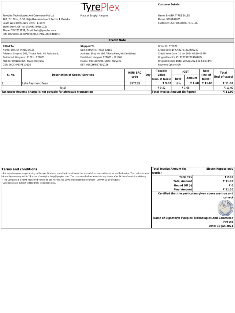 Cn22737232400240-Bhatia Tyres Sales | PDF | Receipt | Invoice