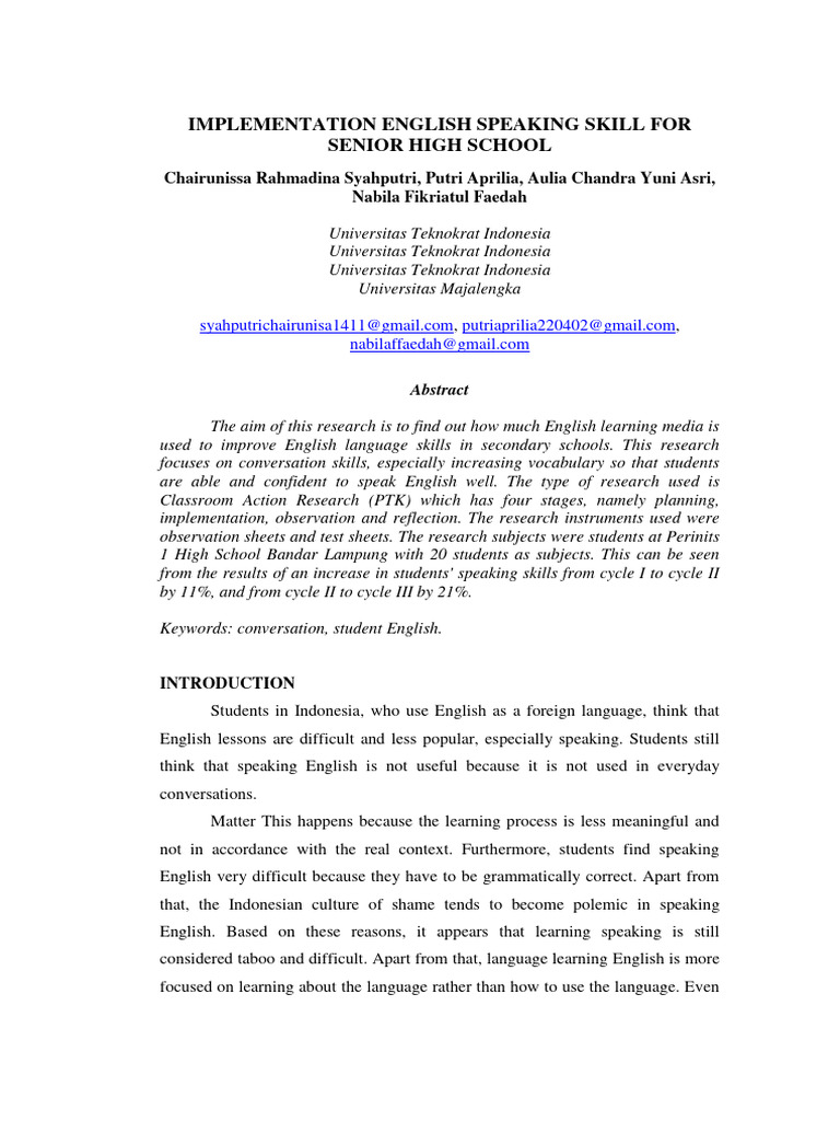 Implementation English Speaking Skill For Senior High School | PDF | Learning | Teachers