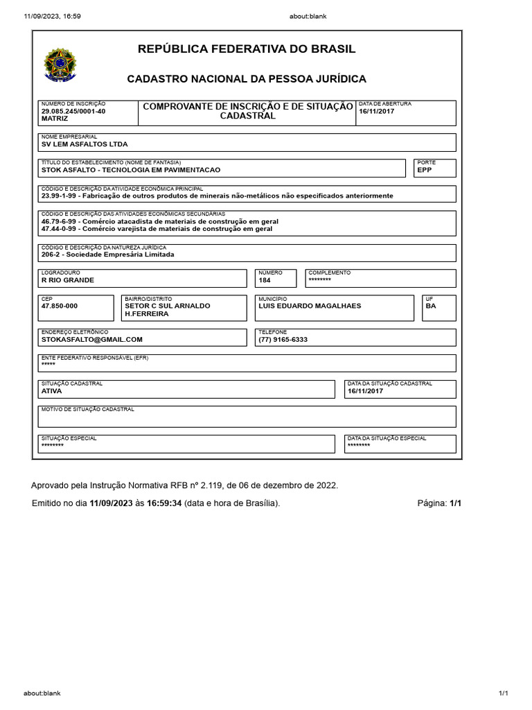 Cartao CNPJ SV Lem 2023 | PDF | Economia de negócios | Brasil